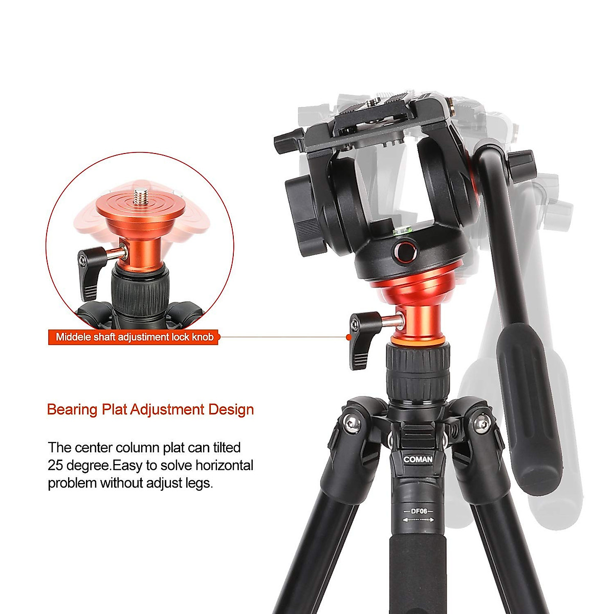 Fluid Head Tripod, COMAN Video Camera Tripod Monopod Aluminium Alloy 70.8 inch for Canon Nikon Sony DSLR Camera Black