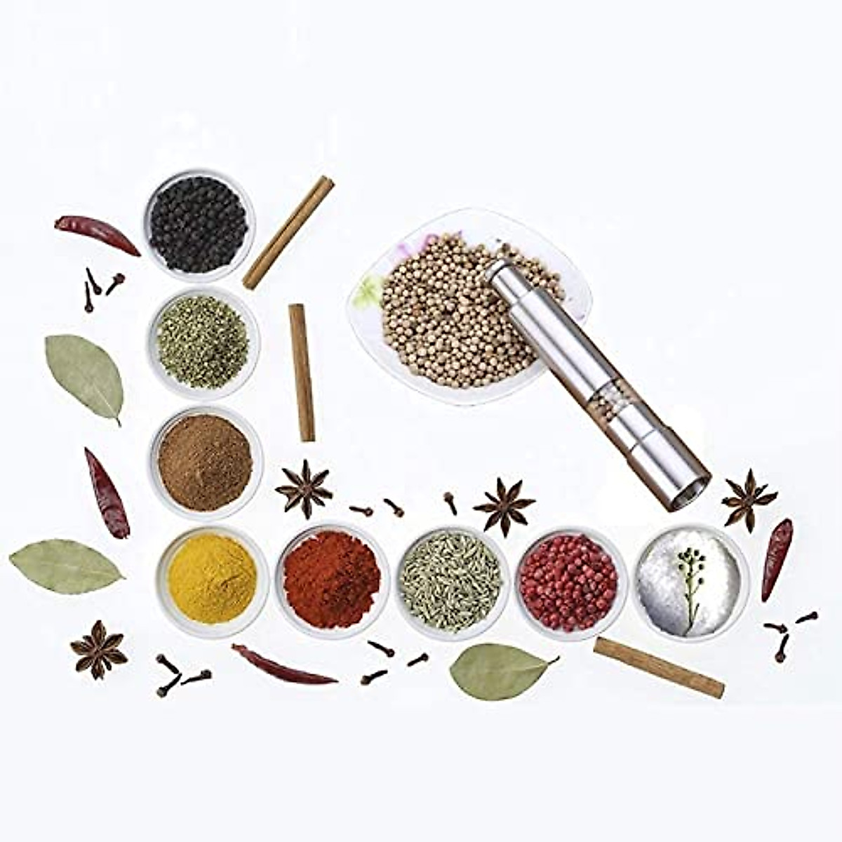 [Set of 2] Premium Stainless Steel Salt Grinder & Pepper Mill Set for Peppercorns Sea Salt Himalayan Salt and Spices, Thumb Push Button for 1 Hand Operation