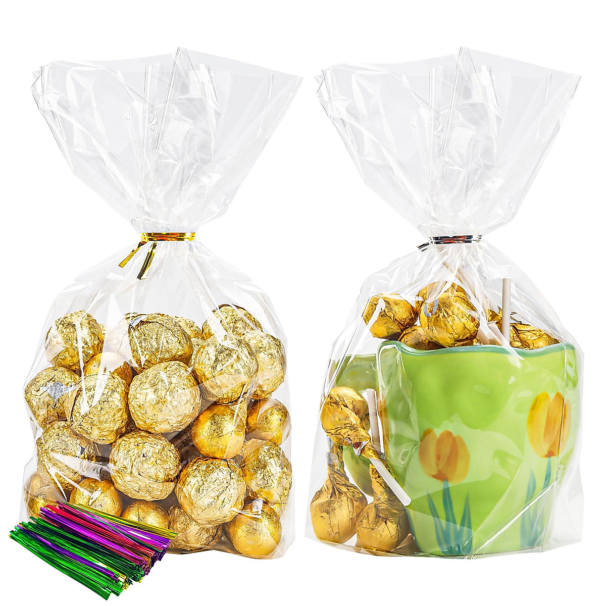 NPLUX 50 Pack Cellophane Bags, Clear Flat bottom Cellophane Treat Bags with 50 Pack Twist Ties for Candy Popcorn Cookie Small Gift Wrapping（6×9×2.4 Inches)