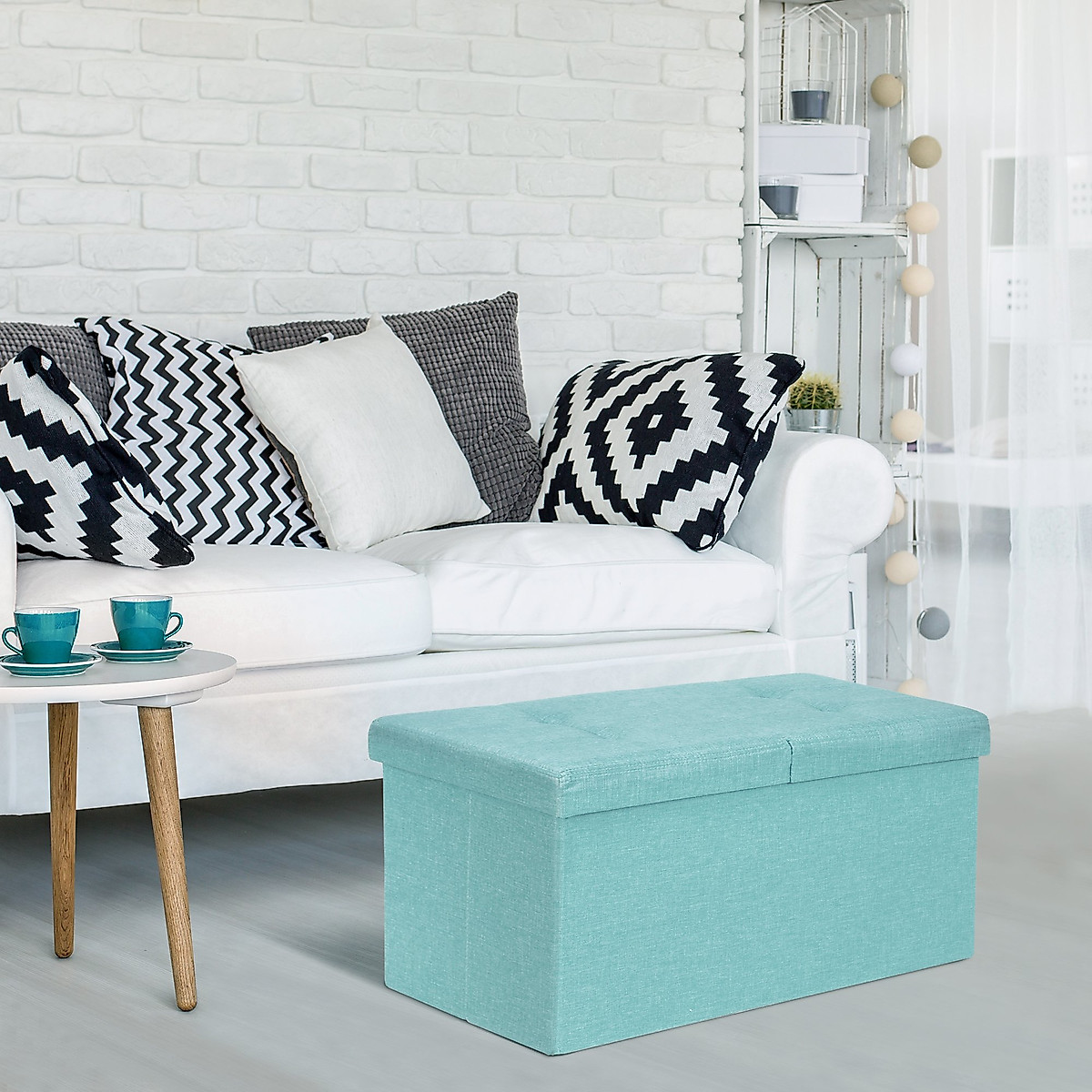 Otto & Ben Mellow Folding Box Chest with SMART LIFT Top Upholstered Tufted Ottomans Bench Foot Rest for Bedroom and Living Room, 30", Mint Blue 30" Storage Ottoman