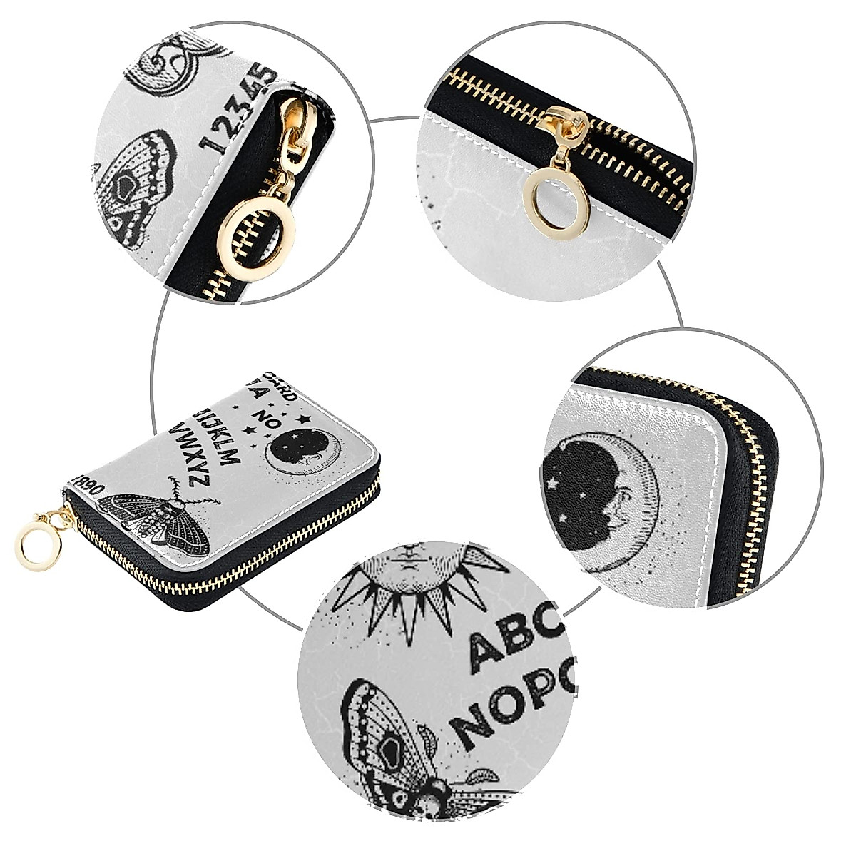 Ouija Board Black White Credit Card Coin wallet, RFID Blocking Compact Women Leather Card Holder, Key Change Organizer, Zipper Purse Clutch Pouch Pocket,4.7x3.1x0.8 Inch