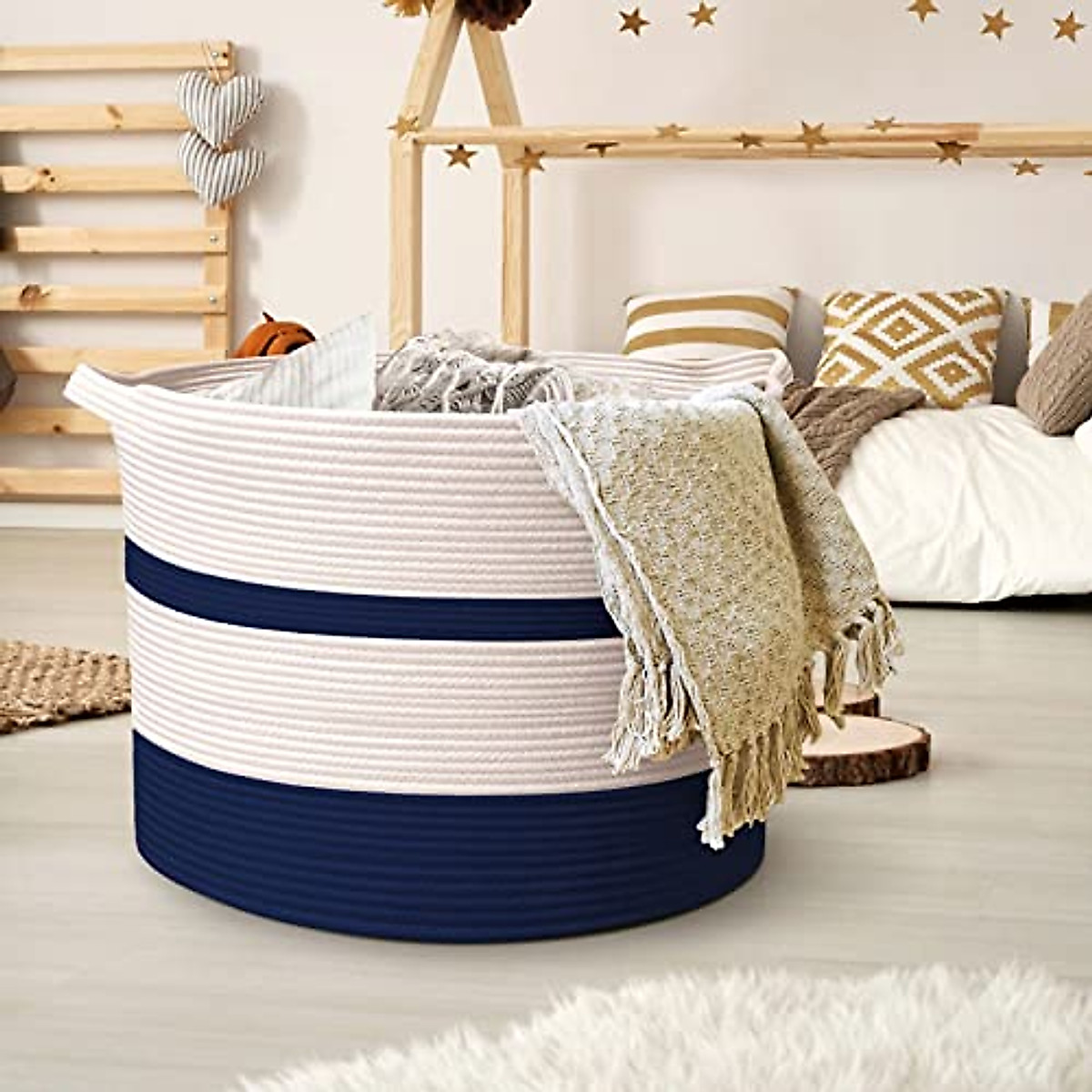 Mtesbonnie Large Cotton Rope Basket 21.7" x 21.7" x 13.8" Blanket Holder Basket Nursery Baby Laundry Basket Woven Soft Toy Storage Basket with Handle for Comforter Cushions Thread Home Decor Basket