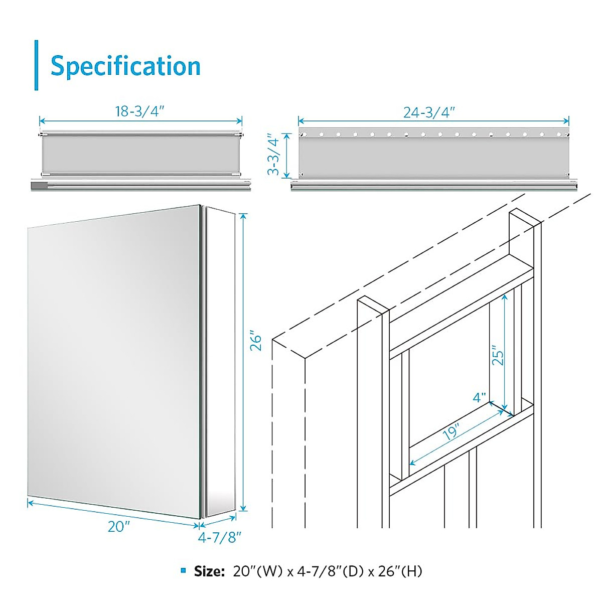 Quavikey Mirrored Medicine Cabinet with Aluminum Recessed or Surface Mount for Bathroom Storage 20x26 Inch, Silver