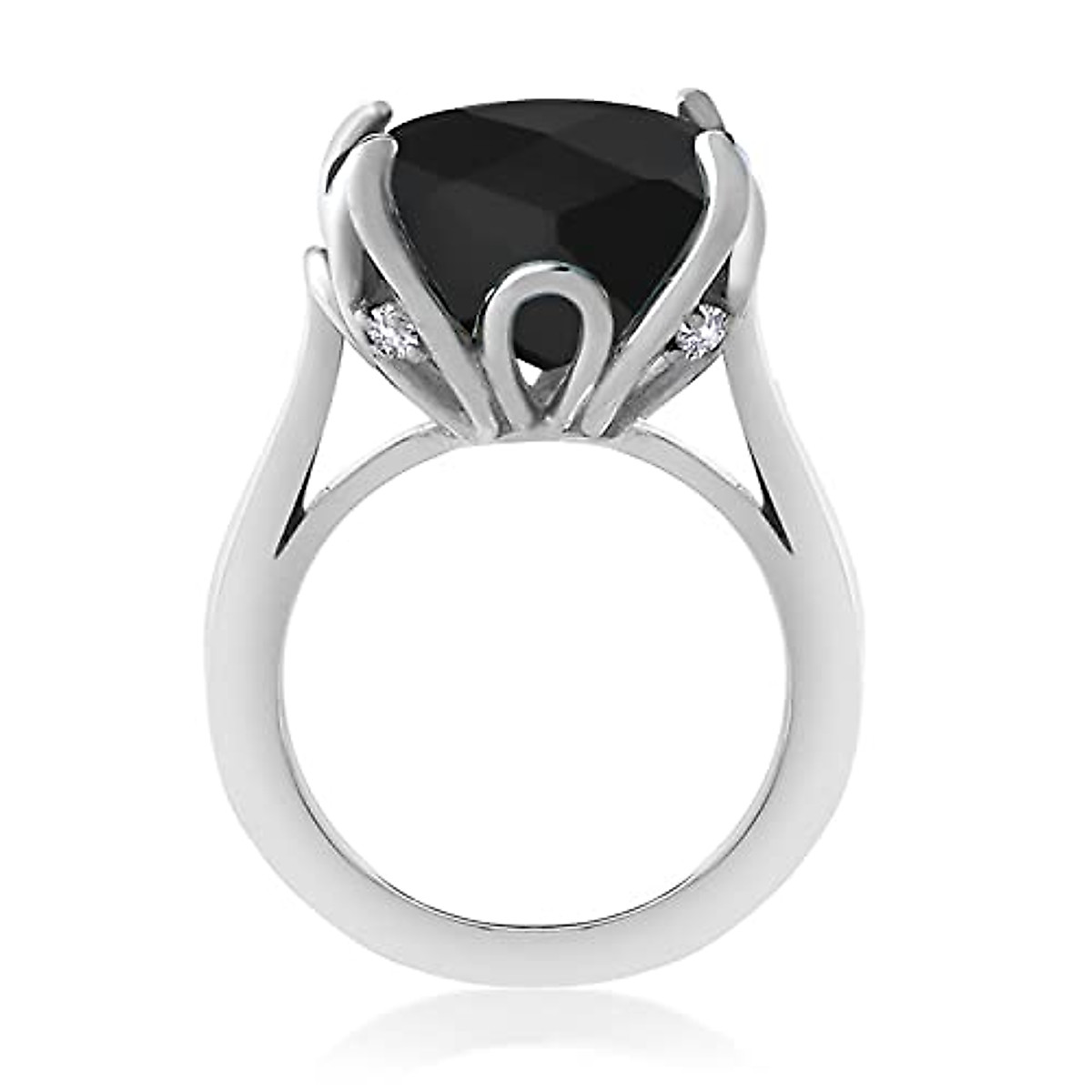Gem Stone King 925 Sterling Silver Black Onyx and White Created Sapphire Engagement Ring For Women (8.27 Cttw, 14MM Cushion Checkerboard, Size 8)
