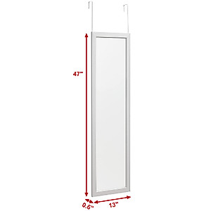 PARANTA Full Length Mirror Wall-Mounted Over The Door Long Dressing Mirror Rectangular Cheap Door Mirror for Bedroom and Home Gym with 2 Hooks, White(47" H x 13" W x 0.6" D)