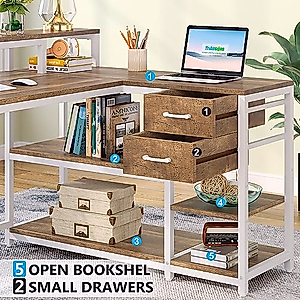 LITTLE TREE 55" L-Shaped Computer Desk, Reversible Home Office Desk with File Drawers and Monitor Stand, Gaming Desk Writing Study Table Workstation