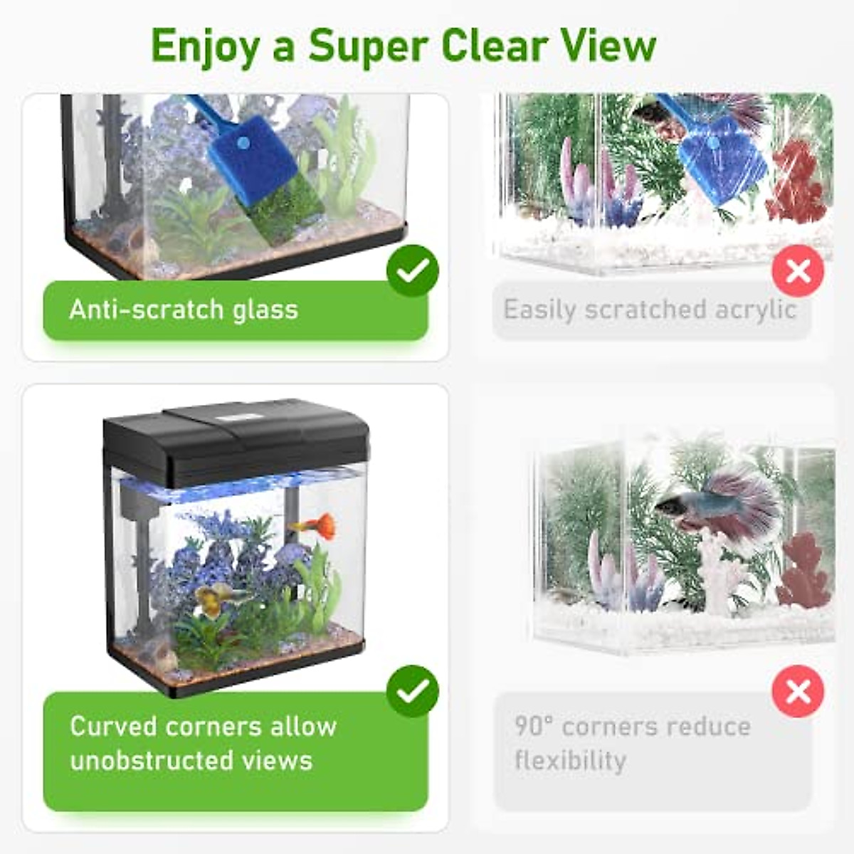 PONDON Fish Tank, 3 Gallon Glass Aquarium with Air Pump, LED Cool Lights and Filter, Small Fish Tank for Betta Fish Starter Kit (Black)