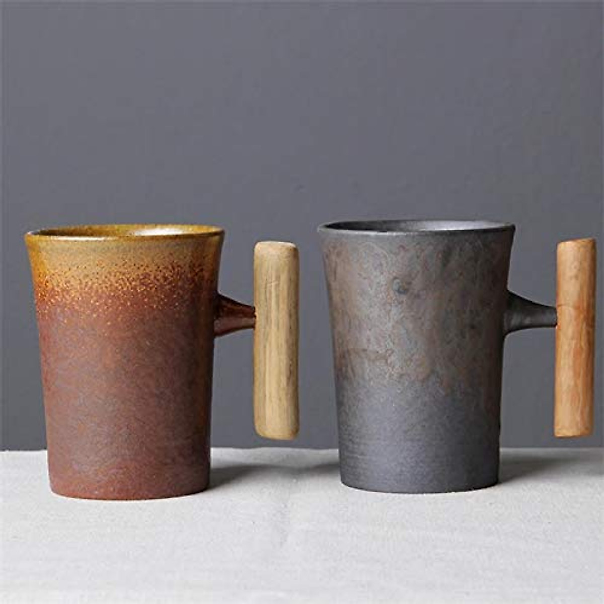 Rewhey Japanese-style Vintage Ceramic Coffee Mug Tumbler Rust Glaze Tea Milk Beer Mug with Wood Handle Water Cup Home Office Drinkware (Style-3 B)