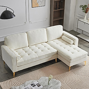 Convertible Sectional Sofa 85.38" L Shaped 3 Seat Couch Heavy Duty Corner Couch Chenille Lounge Couch w/Reversible Chaise & Arm-Pillows,Comfy Upholstery Sofa & Couches for Living Room Apartment,Beige