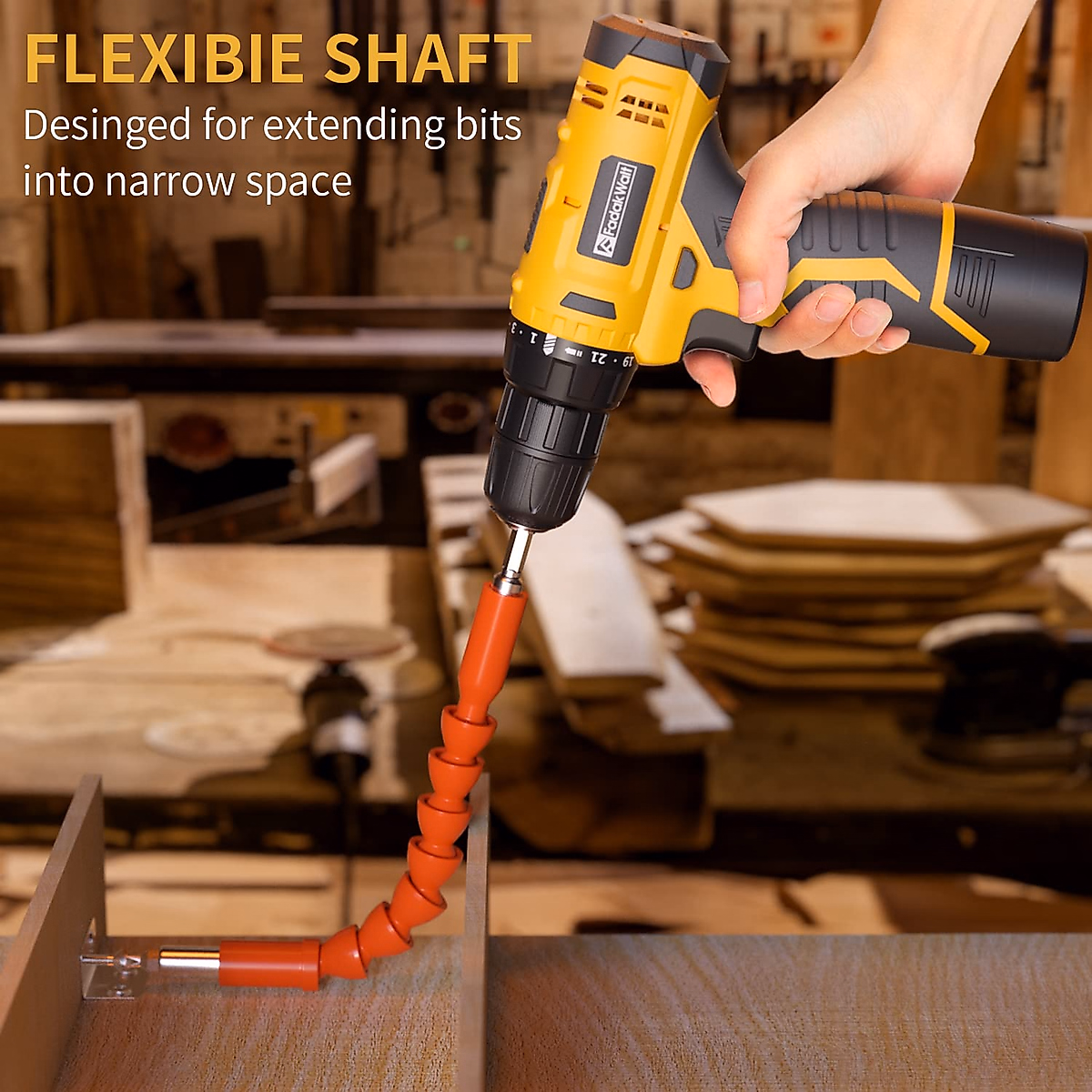 FADAKWALT Cordless Drill Set,12V Power Drill Set with Battery and Charger, Electric Drill Driver/Drill Bits, 3/8'' Keyless Chuck,21+1 Torque Setting, 180 inch-lbs, with LED Electric Drill Set (Yellow)