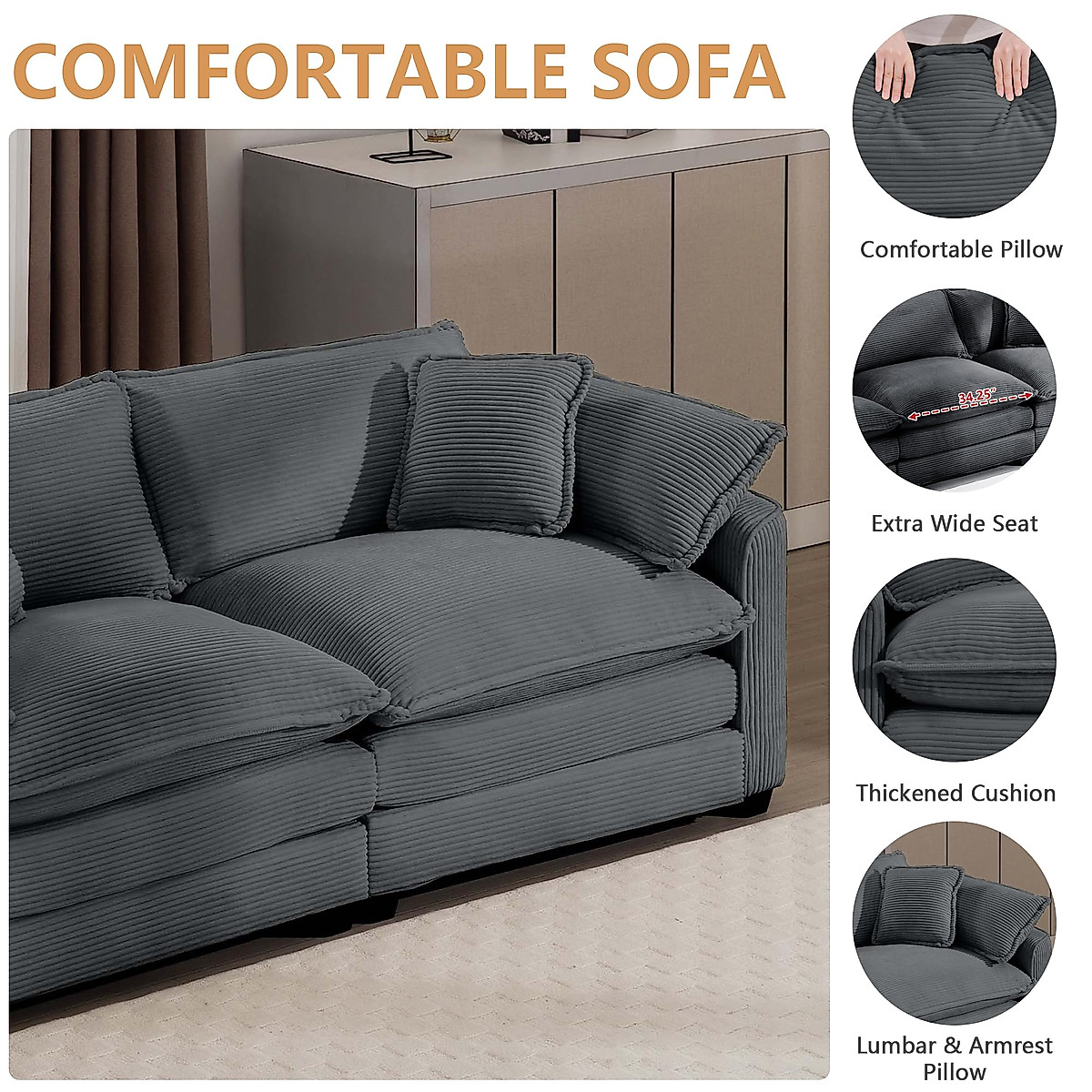 Nestglow Oversized Modular Sectional Sofa, 80'' Modern Corduroy Comfy Cloud Couches for Living Room Apartment, L-Shaped Deep Seat Loveseat Sofa with Movable Ottoman, Grey