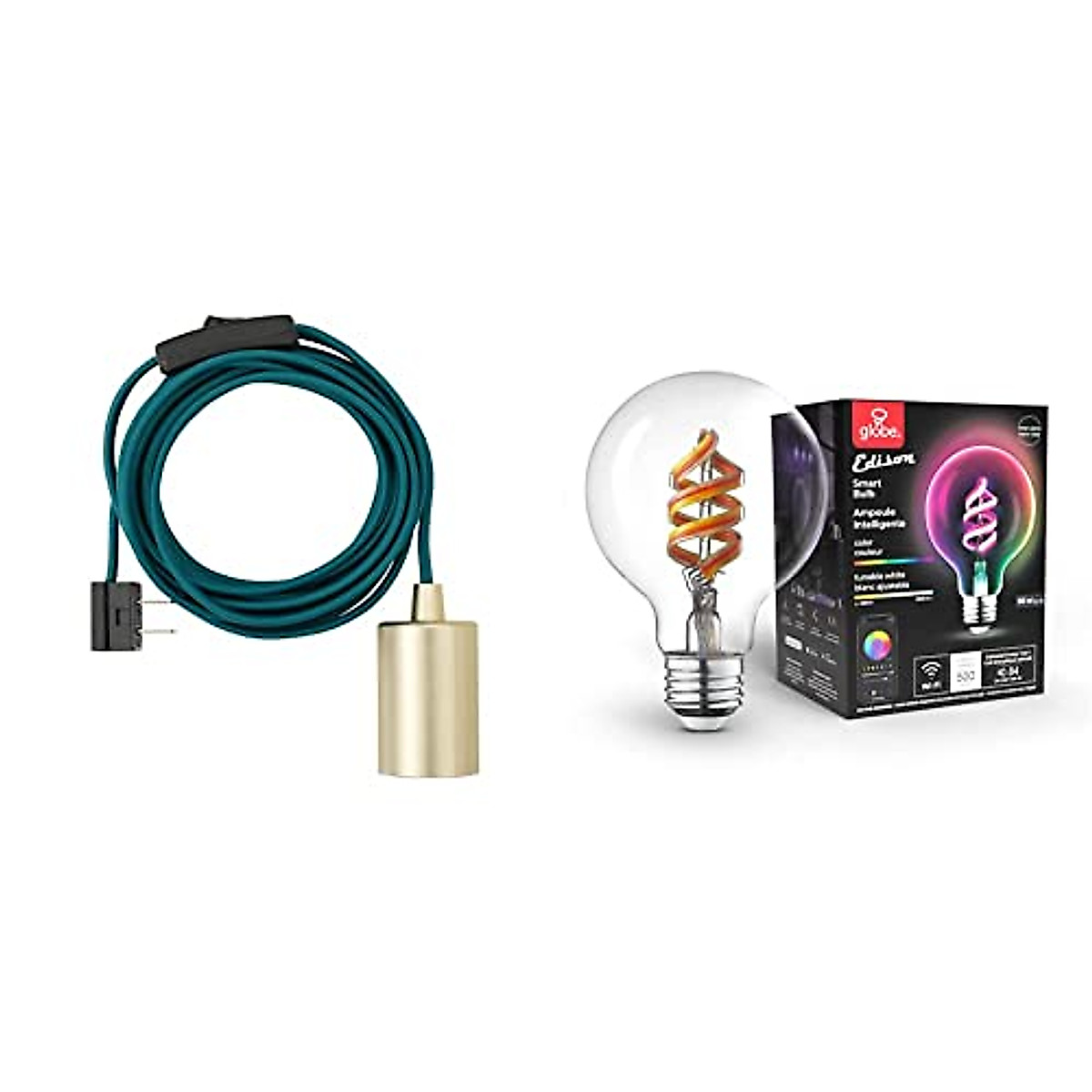 Globe Electric 69997 Emile 1-Light Plug-in Exposed Pendant with 15-ft Teal Cloth Cord and Brass Socket + 35851 Wi-Fi Smart 7W (60W Equivalent) Multicolor Changing RGB Tunable White Clear LED,G25 Shape