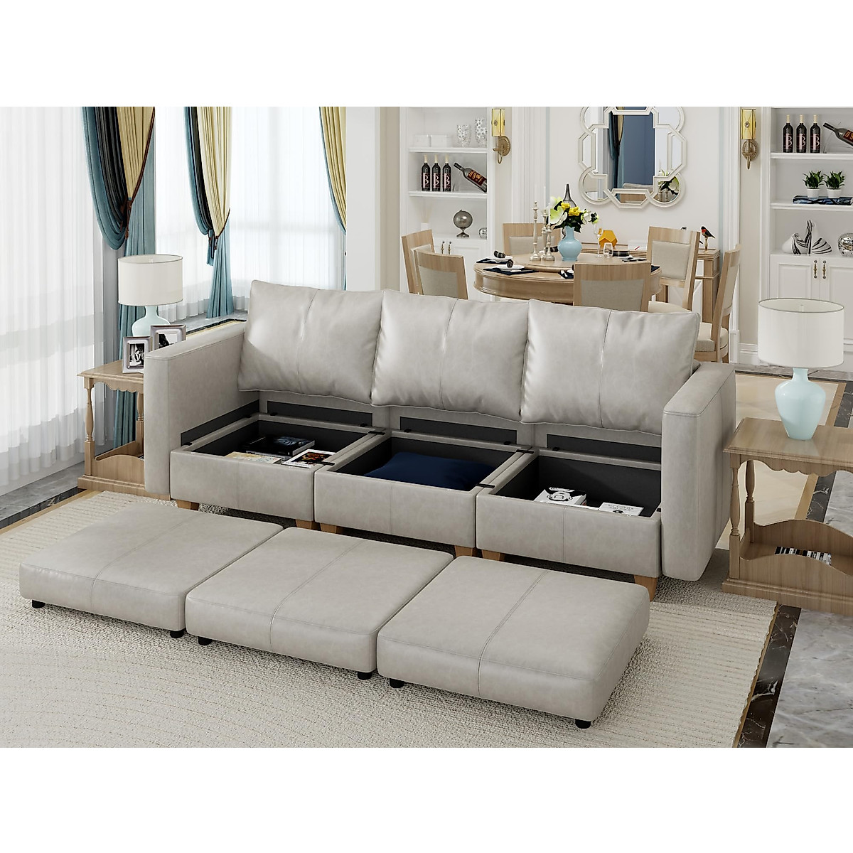 EASE MOOSE Convertible Modular Sofa Sectional Couch with Reversible Chaises,3 Seat Faux Leather Sectional Sofa Couch with Storage for Living Room Home Office