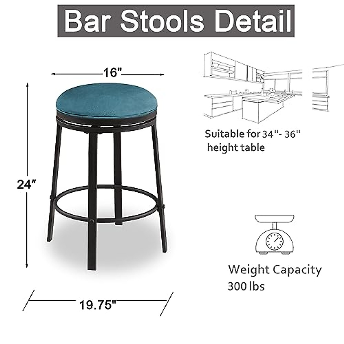 OUllUO Industrial Blue Bar Stool, 24" Counter Height, PU Leather, Backless Round Saddle, 16" Seat, 17.3 lbs, 1 Pc