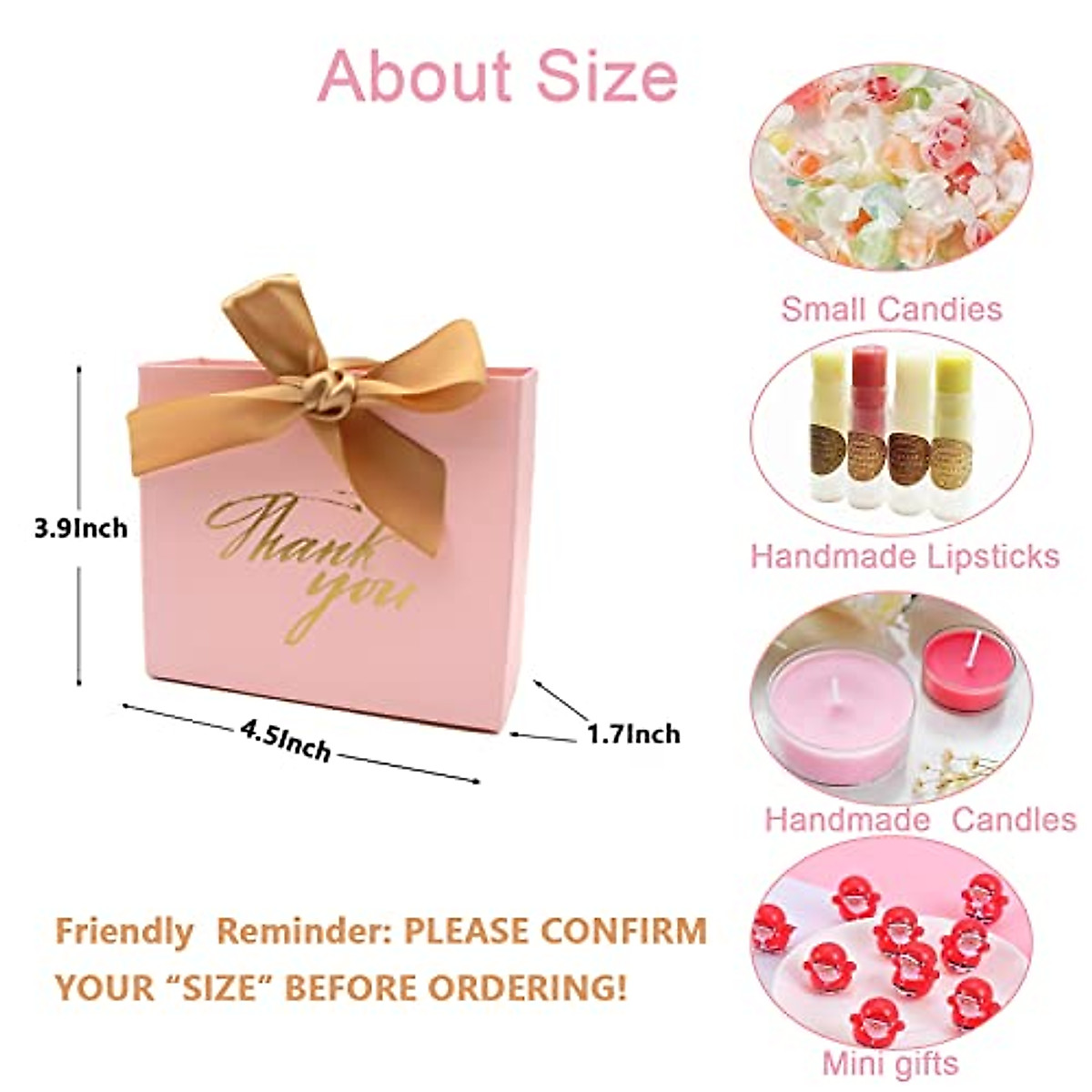 Pink Gift Bags 25Pack Extra Small Size Thank You Paper Gift Bags with Gold Bow Ribbon, 4.5x1.7x3.9 Mini Party Favor Treat Boxes for Wedding, Baby Shower, bridal, Holiday Gifts Bulk