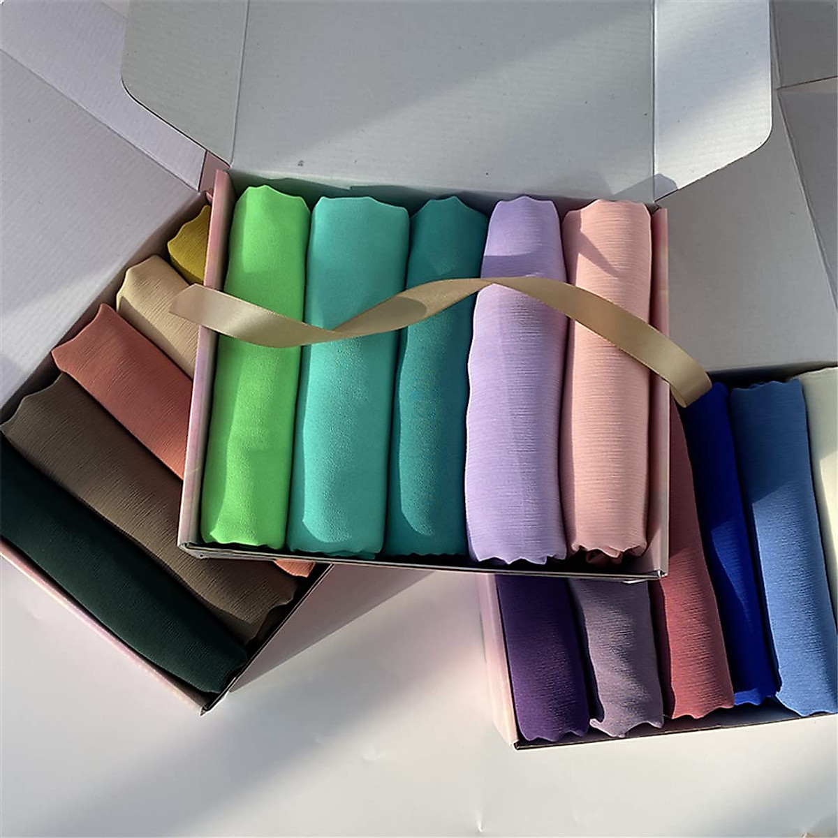 Hcclijo 5Pcs/Box Muslim Plain Crepe Hijab Heavy Chiffon Scarf Soft Shawls Crinkle Wraps Band Customize Box Foulard 23020175CX6