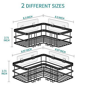 Yazoni Corner Shower Caddy, Adhesive Shower Shelves No Drilling [2-Pack], Rustproof Stainless Steel Bathroom Shower Organizer Wall Mounted with 8 Hooks and 6 Adhesives (Black)