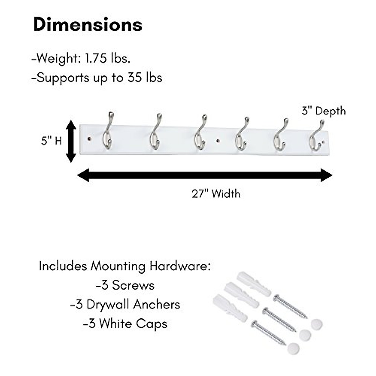 BIRDROCK HOME Hook Coat and Hat Rack - 2 Pack - 6 Hooks - 27 Inches - Wall Mount - Decorative Home Storage - Entryway Foyer Hallway Bathroom Bedroom Rail - Satin Nickel Hooks - White Pine Bathroom