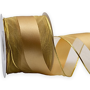 XMRIBBON Wire Edged Ribbon Golden Sheer Edge Satin Ribbon, 2 1/2" x 10 Meters,for Gift Wrapping, Tree Topper, Garland, Christmas Wreath