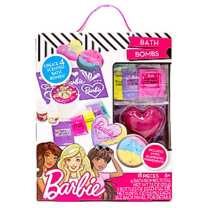 Barbie Make Your Own Bath Bomb Kit by Horizon Group USA, DIY Four Custom Colorful & Sweet-Smelling Bath Bombs, Includes Stencil, Glitter, Molds, Fragrances & More, Pink, Yellow, Teal & Purple