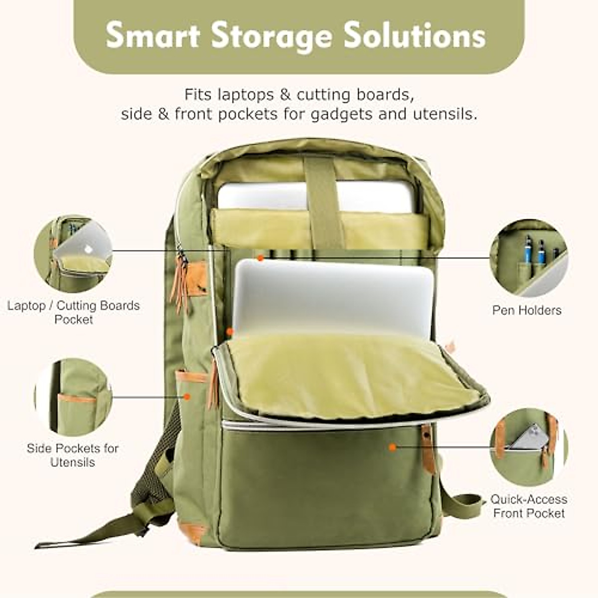 Chef Knife Bag with Leather Knife Roll Holds 10 Knives-Travel Friendly Tool bag backpack with USB Charging Port- Ample Storage Knife Carrying Case w/Back Pocket for Laptop-Sturdy & Stylish Chef Bag