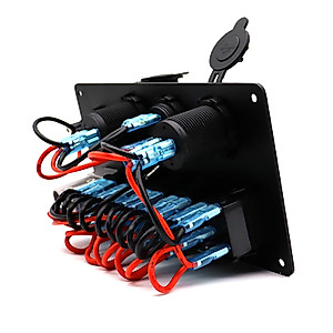 Cigarette Lighter Power Socket Panel, LOKEKE Waterproof 5 Gang Marine Boat Rocker Toggle Switch Panel with Engine Start Push Button + LED Voltmeter + Anderson Connector + Dual USB Socket for RV Truck