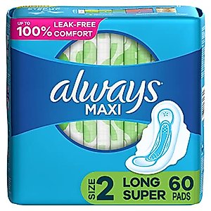 Always Maxi Feminine Pads For Women, Size 2 Long Super Absorbency, With Wings, Unscented, 60 Count