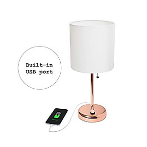 Limelights LC2002-RGD-2PK Rose Gold Stick Lamp with USB Charging Port and White Fabric Shade 2 Pack Table Desk Lamp Set
