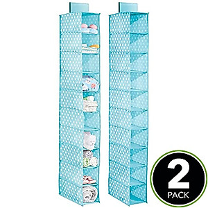 mDesign Soft Fabric Over Closet Rod Hanging Storage Organizer with 10 Shelves for Child/Kids Room or Nursery - Polka Dot Print - 2 Pack - Turquoise Blue with White Dots