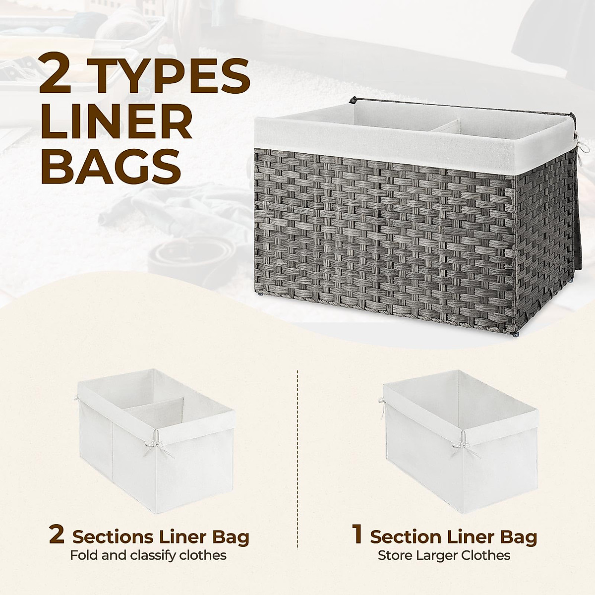 GREENSTELL Storage Basket with Lid, Handwoven Blanket Storage Basket with Cotton Liner and Metal Frame, Foldable & Easy to Install, Shelf Basket Bin with Handle for Bedroom, Laundry Room Grey 65L