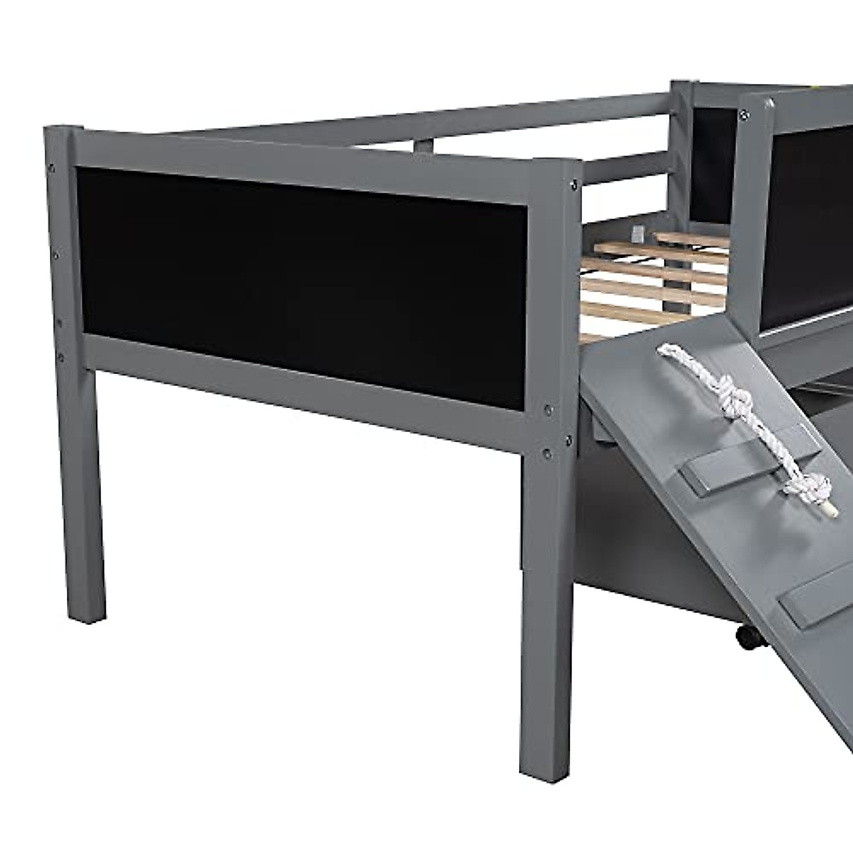 Low Loft Bed with Slide, Twin Loft Bed with Storage Boxes, Wood Twin Low Loft Bed Frame with Climbing Ladder and Chalk Board for Kids Boys Girls Teens, Grey