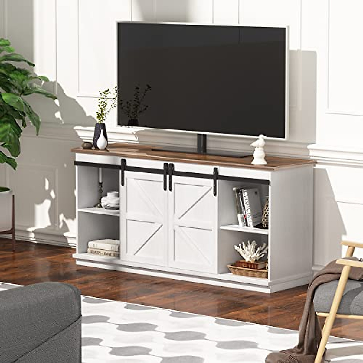 YESHOMY Farmhouse TV Stand for Televisions up to 65+ Inch with Sliding Barn Doors and Storage Cabinets, Entertainment Center Console Table, Media Furniture for Living Room, 58 Inch, White