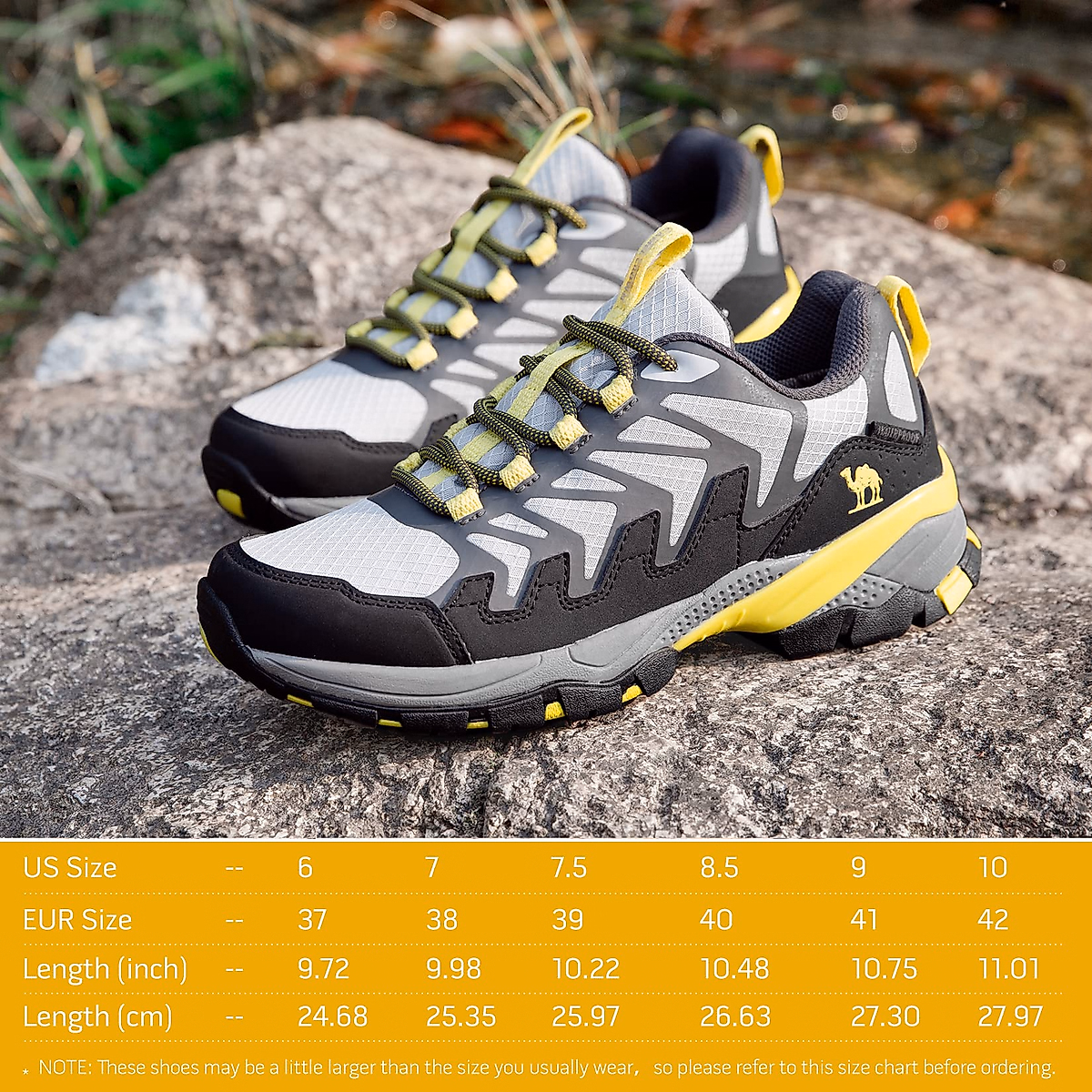 CAMELSPORTS Women's Hiking Shoes Waterproof Lightweight Trail Running Shoes Non-Slip Breathable Outdoor Sneakers for Trekking Walking Grey/Yellow