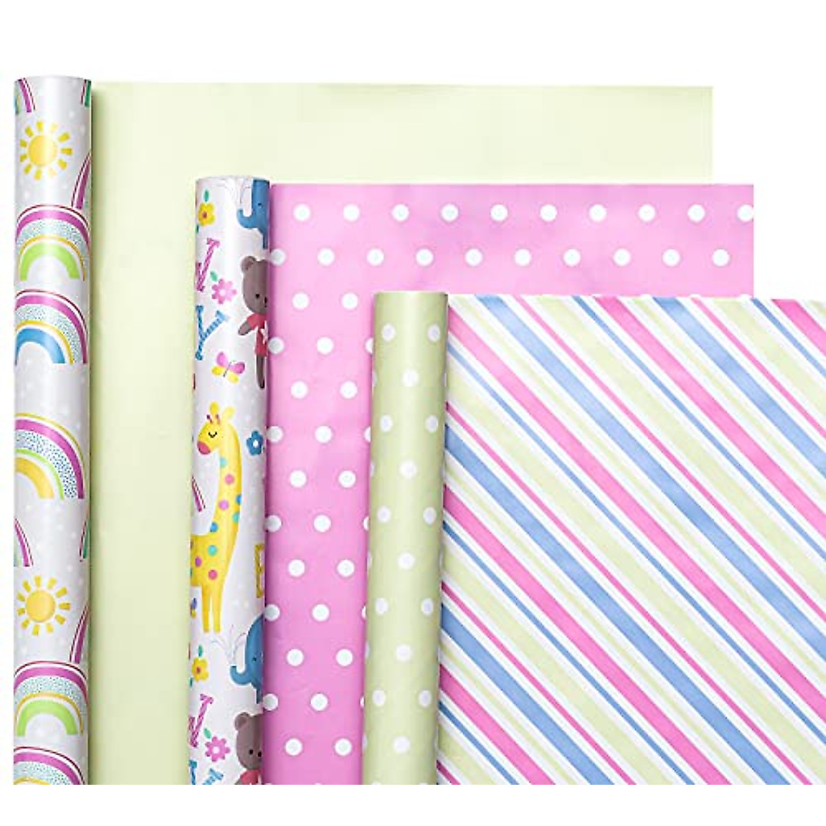 WRAPAHOLIC Reversible Baby Shower Wrapping Paper - Mini Roll - 3 Rolls - 17 Inch X 120 Inch Per Roll - Solid Green, Polka Dot, Stripes, Rainbows, Cute Animals & New Baby Lettering