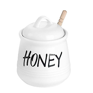 HAOTOP Porcelain Honey Jar with Lid and Honey Dipper 12oz (White)