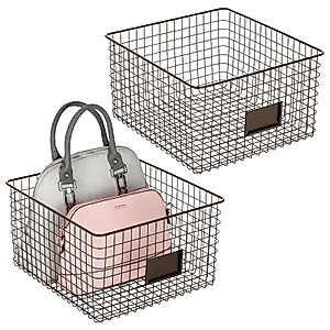 mDesign Wide Metal Farmhouse Storage Organizer Bin Baskets with Label Slot for Closet, Cabinet, Cupboard - Wire Organizing Basket Holds Clothing, Linens, Shoes, Omaha Collection, 2 Pack, Bronze