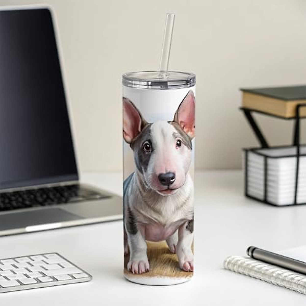 Miniature Bull Terrier Dog Illustration Skinny Tumbler 20oz with Straw Insulated Water Bottle Gift