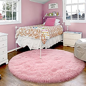 Merelax Pink Round Rug for Girls Room, 4'x4' Fluffy Circle Rugs for Teen Girls Princess Castle Cute Nursery Rug for Kids Room, Furry Shaggy Rug for Dorm Bedroom, Fuzzy Plush Circular Carpet for Baby