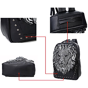 3D Animal Head Backpack, Studded PU Leather Cool Laptop Backpack College Bookbag (Lion-Black) One Size