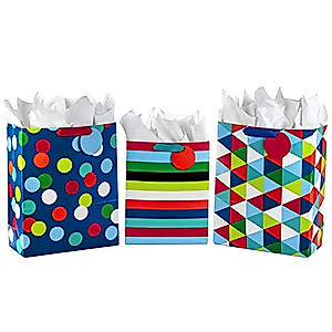 Hallmark 13" Large and 15" Extra Large Gift Bags Assortment with Tissue Paper (Pack of 3: Celebrate, Rainbow Stripes, Polka Dots) for Christmas, Birthdays, Father's Day, Graduations or Any Occasion
