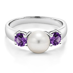 Gem Stone King 925 Sterling Silver Freshwater Pearl and Purple Amethyst Ring For Women (0.72 Cttw, Gemstone February Birthstone, Size 6)