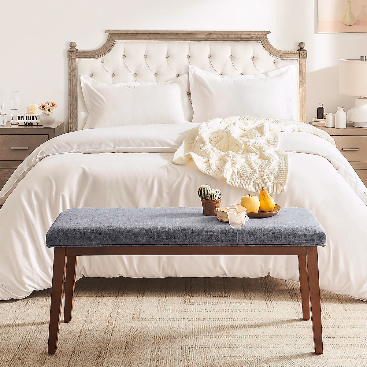 kinmars Upholstered Bench for Bedroom End of Bed,42.5-inch Entryway Bench for Living Room,Dining Bench with Padded Seat and Solid Wood Leg for Kitchen Bedroom,Indoor and Hallway (Bench, Grey)