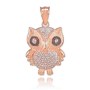 Fine 14k Two-Tone Rose Gold Diamond Owl Charm Pendant