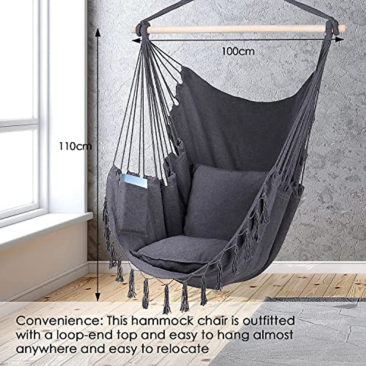 HFKJ Hammock Chair Hanging Rope Swing Chair with 2 Seat Cushions & Installation Kit, Max 330 Lbs, Handmade Macrame Hanging Chair for Bedroom Patio Yard Garden, Dark Grey