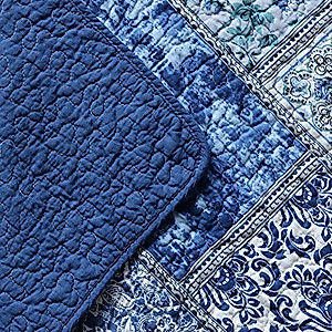 NEWLAKE Quilted Throw Blanket for Bed Couch Sofa, Blue Classic Bohemian, 60X78 Inch