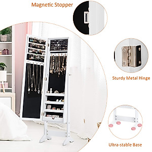 Giantex Jewelry Cabinet with Full-Length Mirror, Standing Jewelry Armoire Organizer with 64 Earring Slots, 72 Ring Slots, 20 Necklace Hooks, 4 Storage Shelves, 3 Angle Adjustable (White)