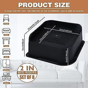 Tocawe Bed Risers Oversized, 2 inch Lift,Set of 8 Furniture Risers, Up to 5000lbs, Table Riser, Risers for Bed Frame, Bed Height Risers, Bed Raiser, Bed Frame Riser, Desk Risers (Black)