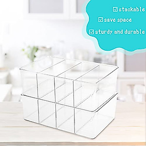 HANSGO Food Storage Organizer Bins, 2PCS Stackable Clear Plastic Organizer Bins with 6 Dividers Removable Pantry Organization and Storage Bins for Cereal Snacks Tea Seasoning