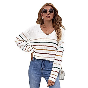 SheIn Women's V Neck Long Sleeve Sweater Drop Shoulder Striped Knitted Pullover Jumper Tops White Medium