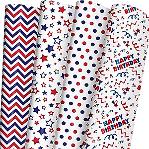 ZINTBIAL Birthday Wrapping Paper for Kids Adults - Gift Wrap with American Theme Stars, Stripes, Chevron and "Happy Birthday" Design - 20 x 29 Inches per Sheet (8 Sheets 33 sq. ft.) Recyclable, Easy to Store, Not Rolled